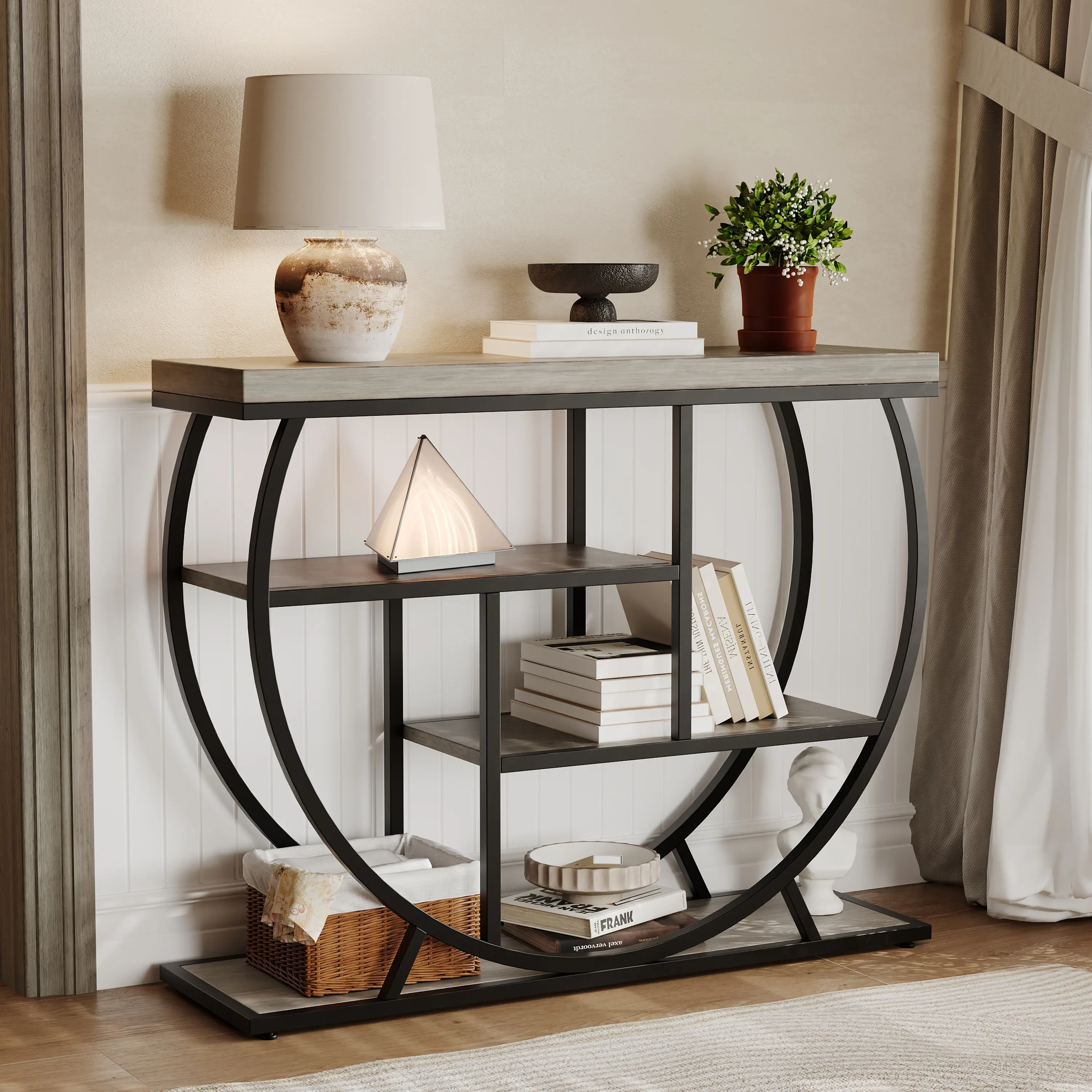 4-Tier Black/Grey Industrial Farmhouse Console Table, Narrow Entryway ...