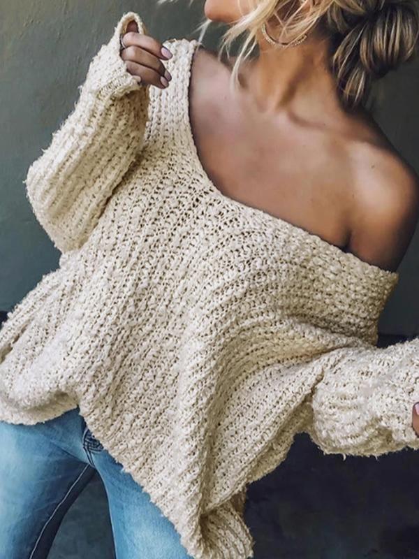 Women's Plain Drop Shoulder V Neck Sweater, Casual Long Sleeve - TikTok Shop