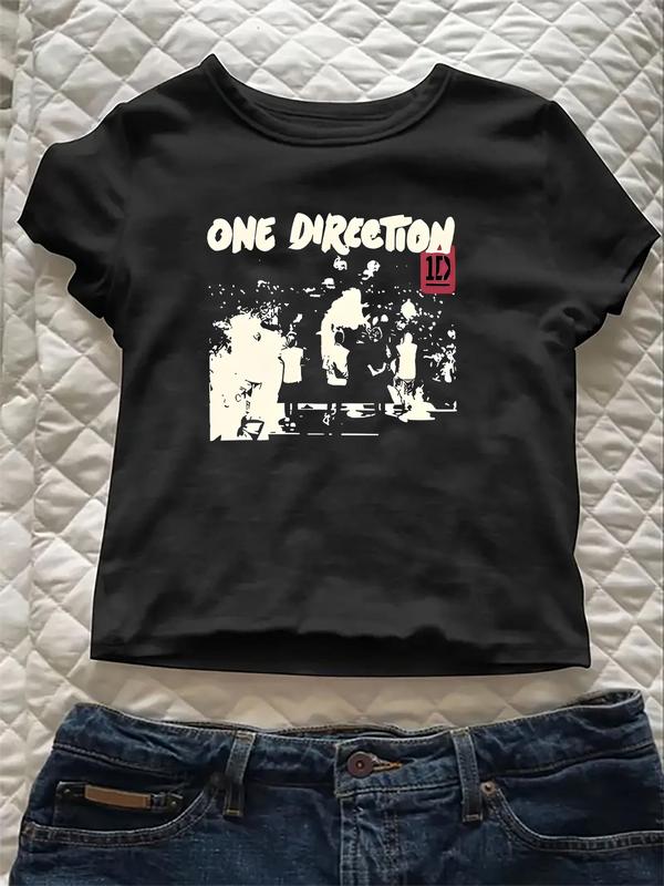 Women's One Direction Print Round Neck Tee, Y2K Casual Short Sleeve ...