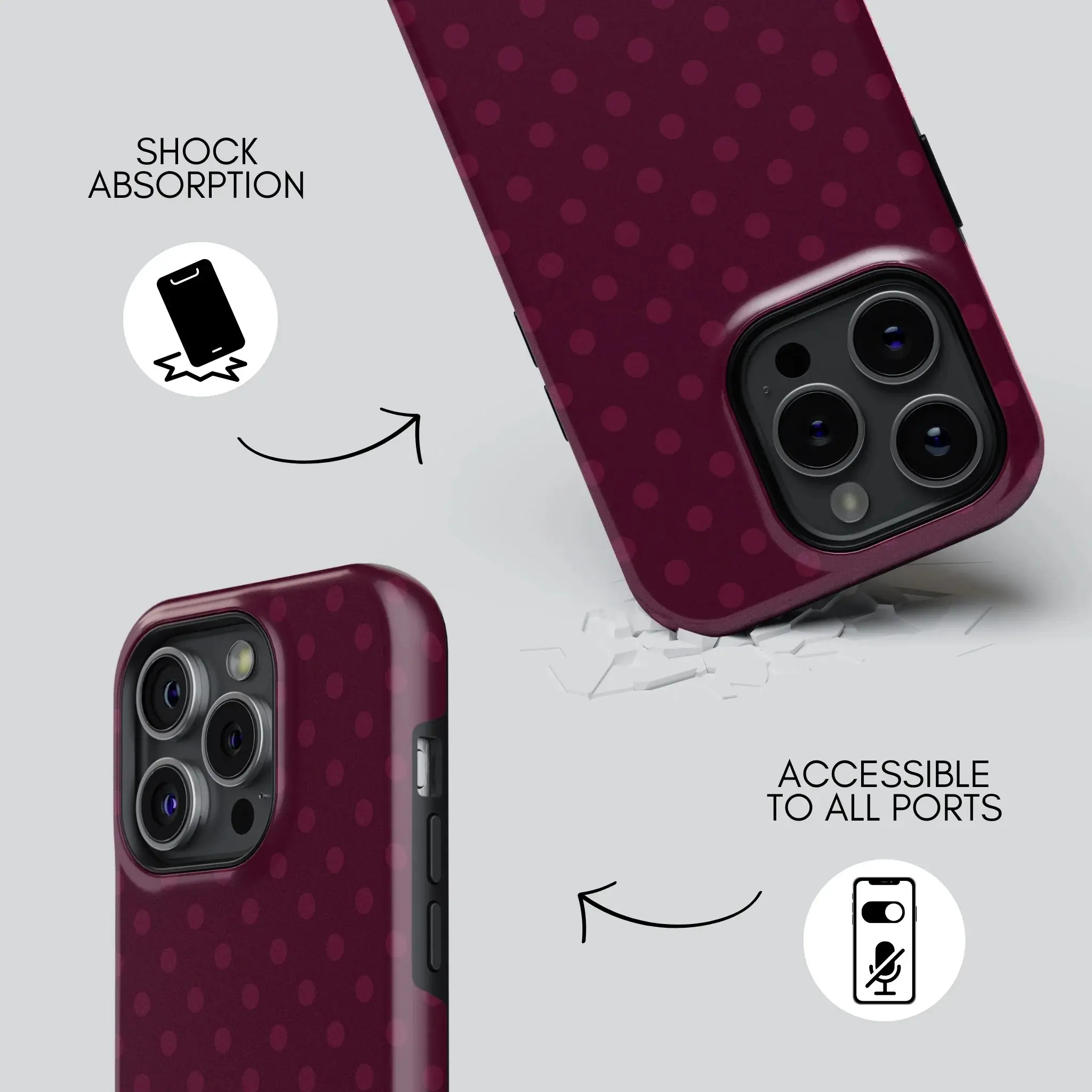 Burgundy polka dot phone case, suitable for iPhone17 ProMax, 16Promax ...