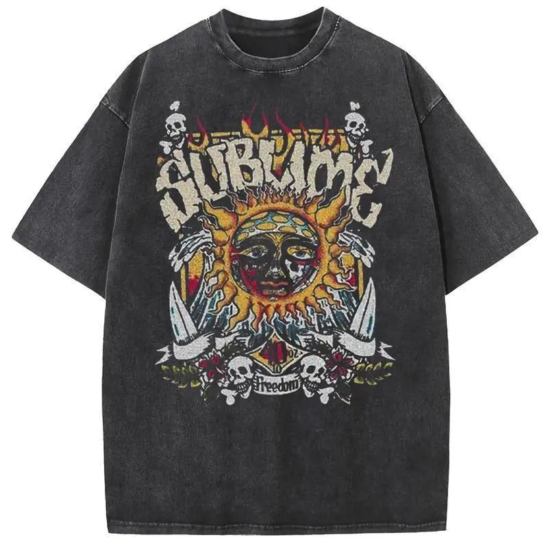 Vintage Casual Graphic Tee, Oversized Sun Skull Print T-Shirt, Retro ...