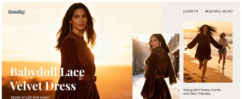 Tanming Women's A-Line Velvet Lace Swing Babydoll Dress with Scallop ...