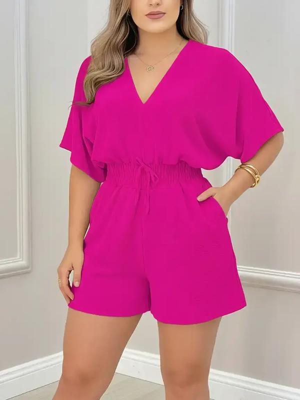 Women's Plain Drawstring Shirred Waist V Neck Romper, Casual - TikTok Shop