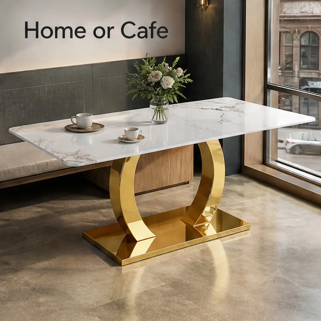 ARCH White Glass Dining Table for 4-6 People, Modern Marble Look ...
