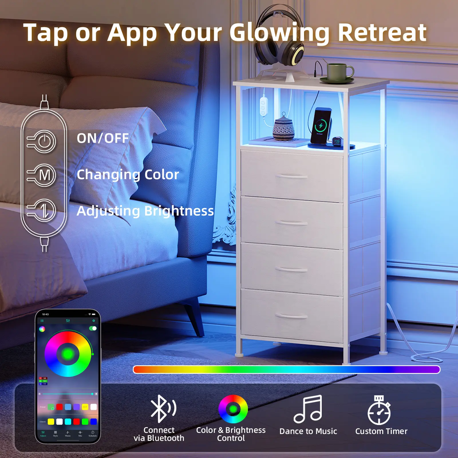 LED Nightstand with Charging Station,Dresser for Bedroom with 4 Fabric ...