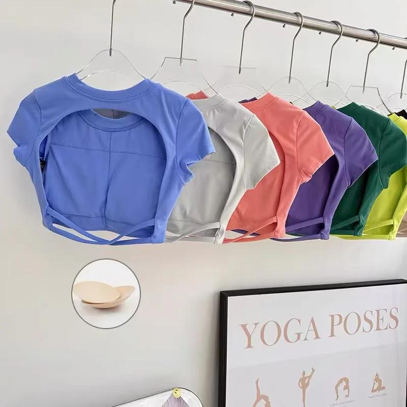 Women's Cropped Open Back Workout Top Women Pad Sports Shirts Workout ...