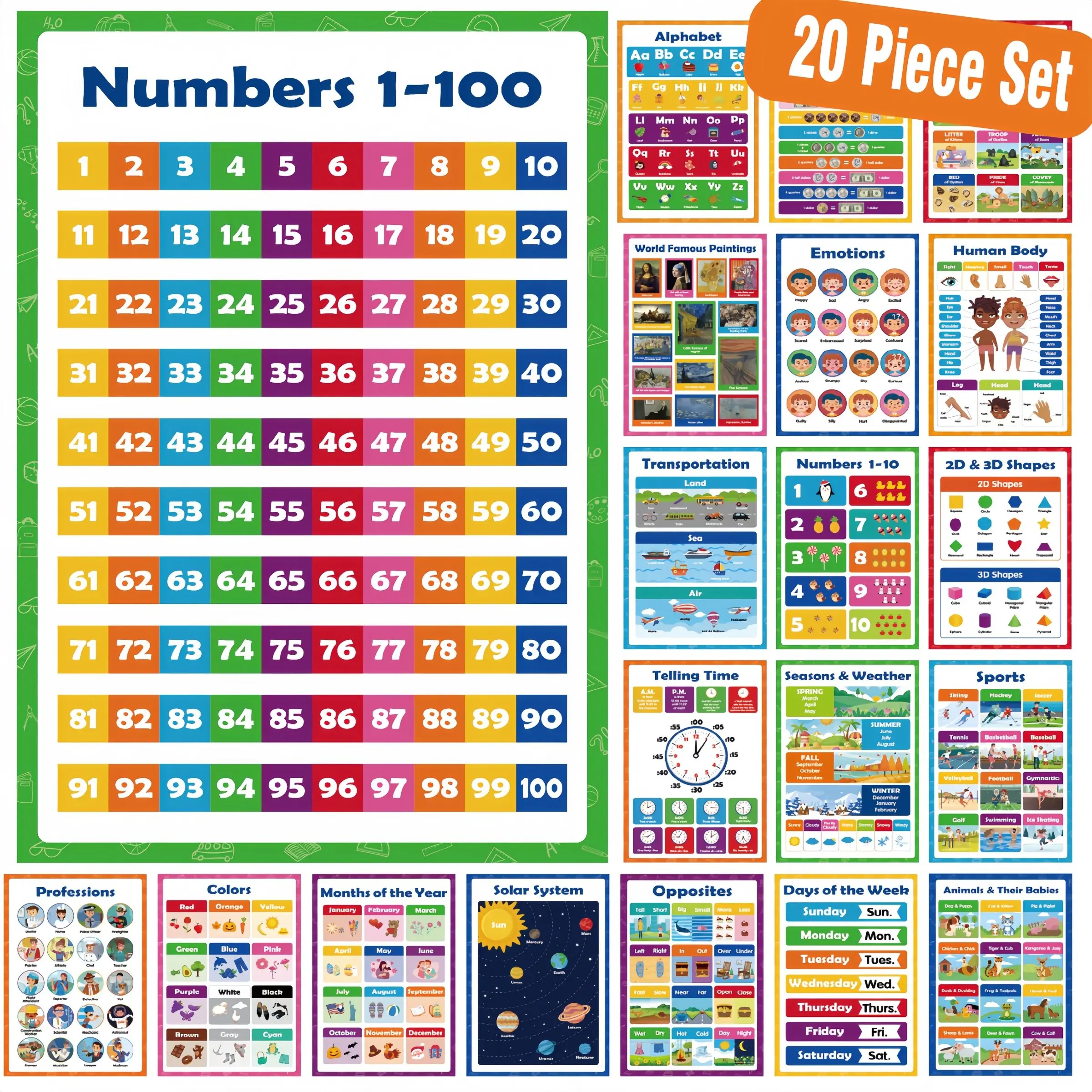 20-Piece Learning Education Poster Set, Cognitive Teaching Aids ...