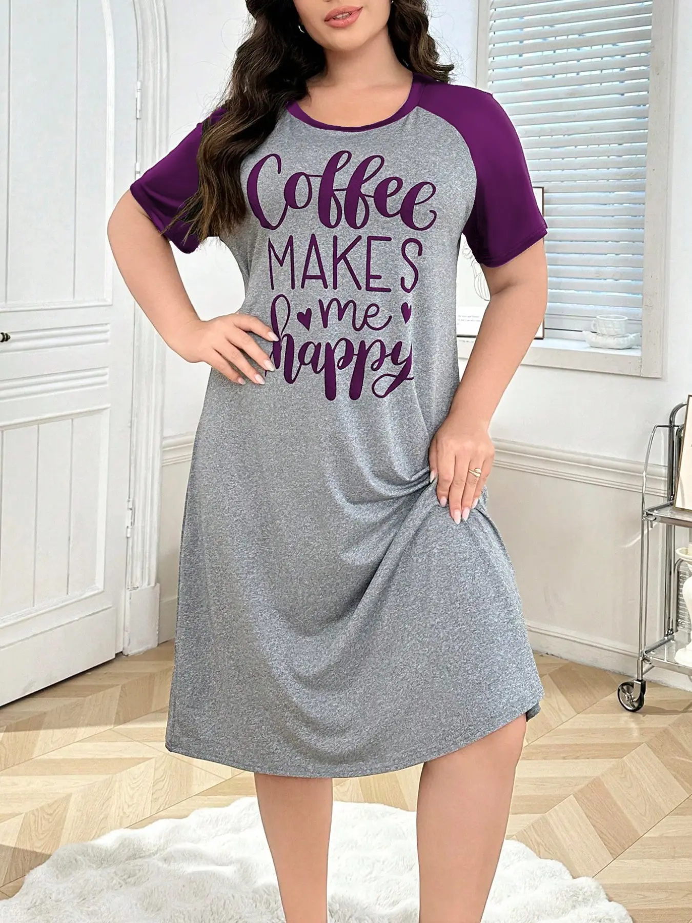Women's Plus Size Casual Letter Print Colorblock Shoulder Home Dress ...