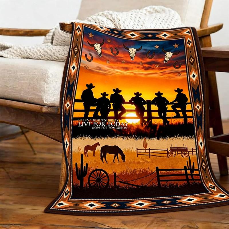 Sunset Cowboy Western Blanket with Bohemian Aztec Print for Living ...