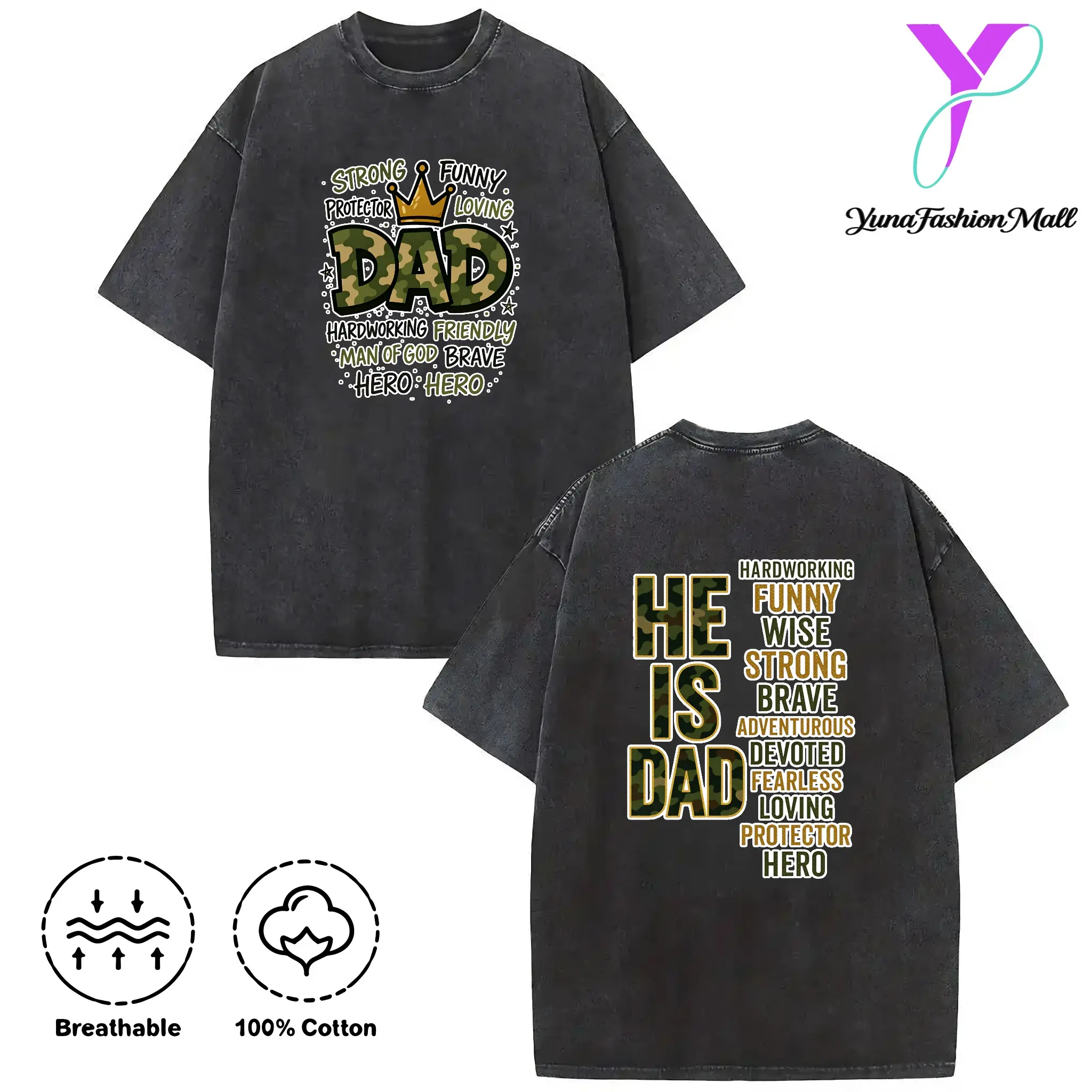 100% Cotton Father's Day Washed T-Shirt Double-Sided Print Dad Crown ...