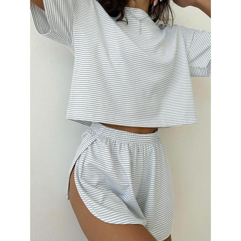 Two-Piece Set Women's Striped Print Drop Shoulder Tee & Wrap Split ...