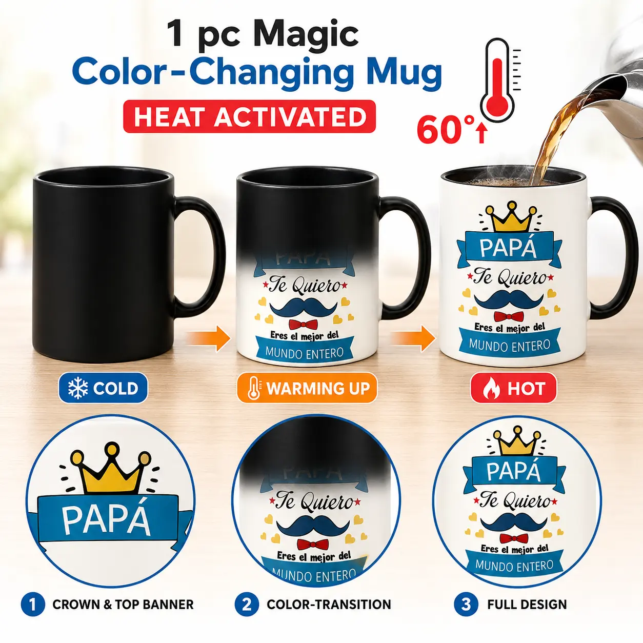 Papa Te Quiero Color Changing Mug 11oz Heat Sensitive Ceramic Coffee ...