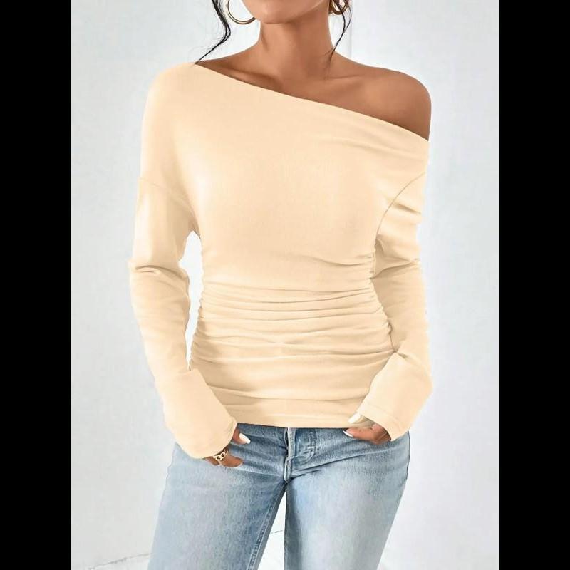 Women's Ruched One Shoulder Tee, Casual Drop Shoulder Long Sleeve T ...