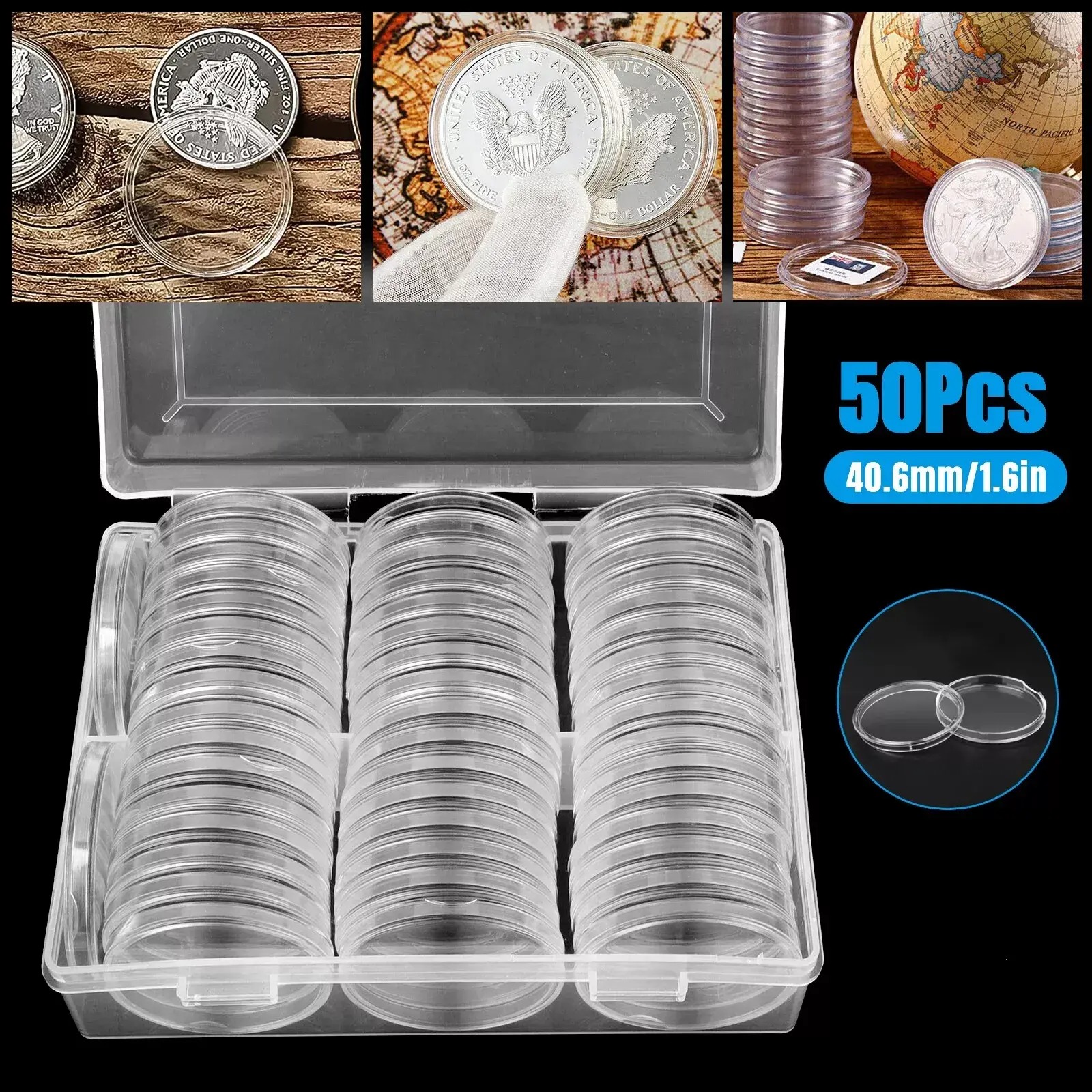 50X Coin Holder Capsules Case 40.6mm Clear for 1 Oz Silver Dollar w ...