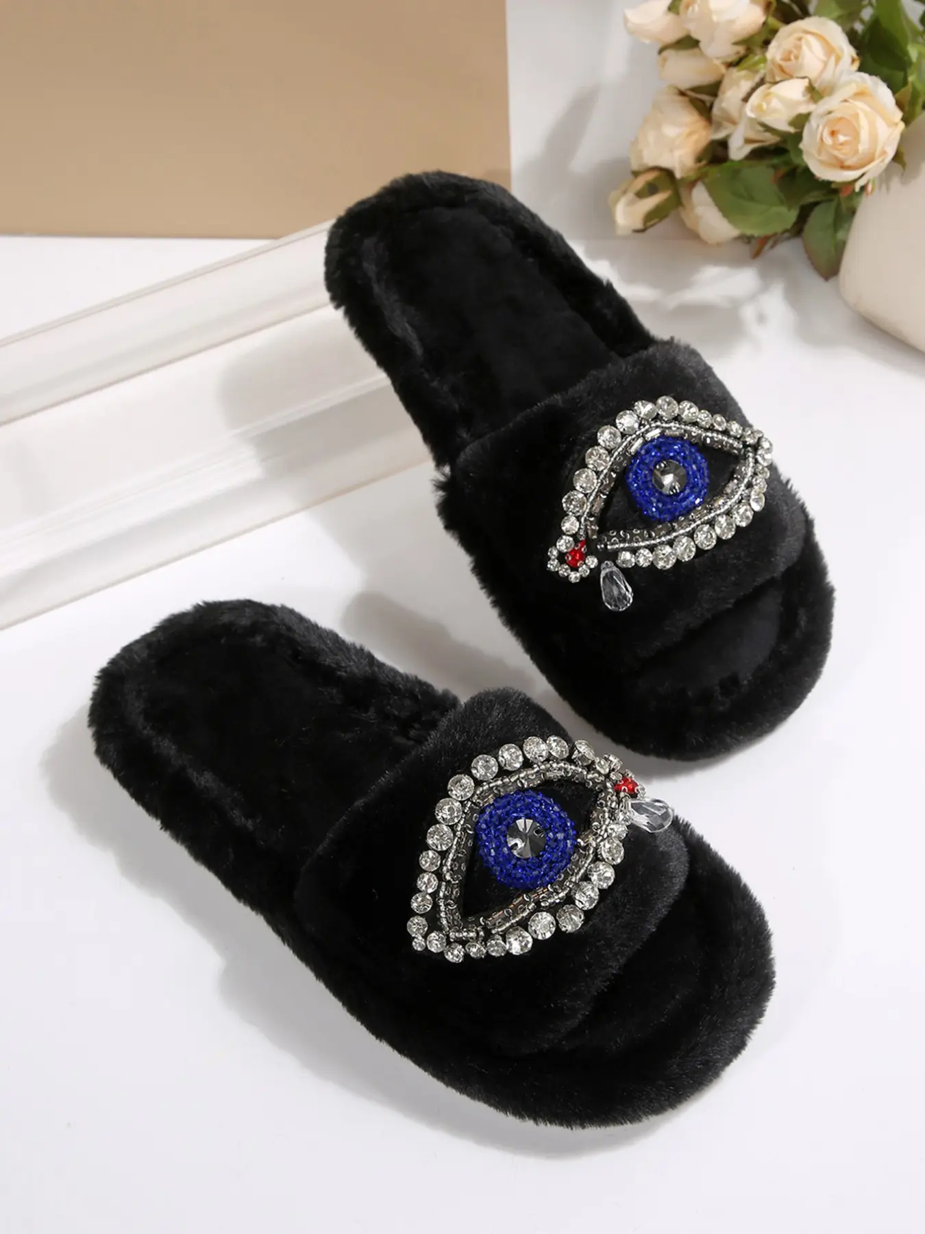 Demon Eye Rhinestone Plush Slippers, Thick Sole One-Letter Slipper ...