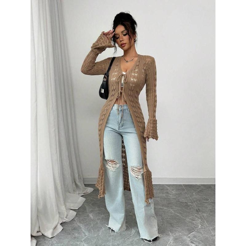 Casual Fitted V-Neck Long Sleeve Knit Flare Cuff Long Cardigan For ...