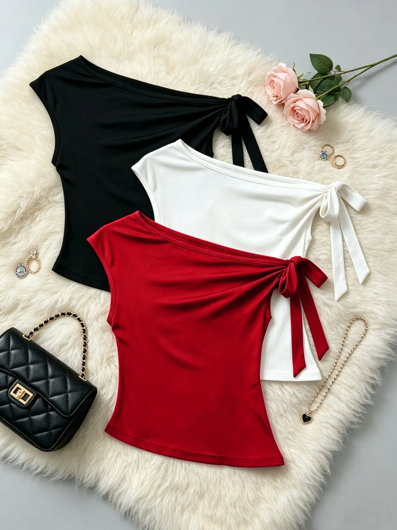 Three-Piece Asymmetrical One-Shoulder Top with Bow Detail, Slim Fit ...