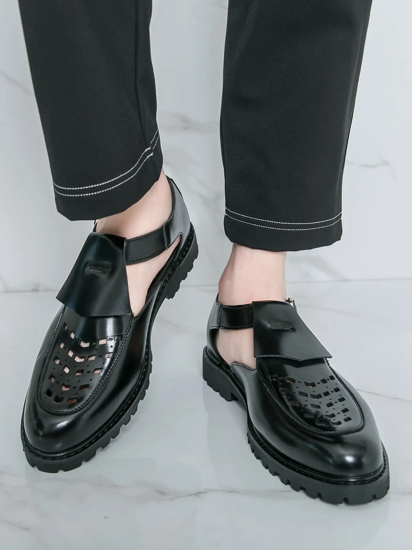Men Summer Breathable Hollow Out Design Pu Leather Sandals Luxurious ...