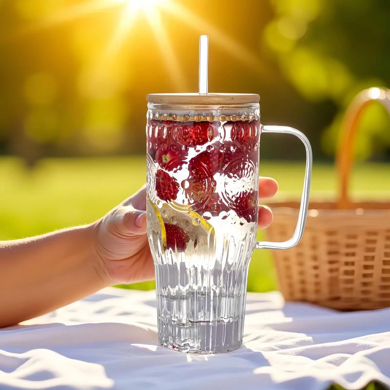32oz Handmade Glass Cup with Bamboo Lids and Straws,Reusable Glass ...