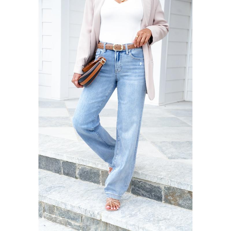 Risen Mid Rise Light Wash Tummy Control Elastic Waistband Wide Leg ...