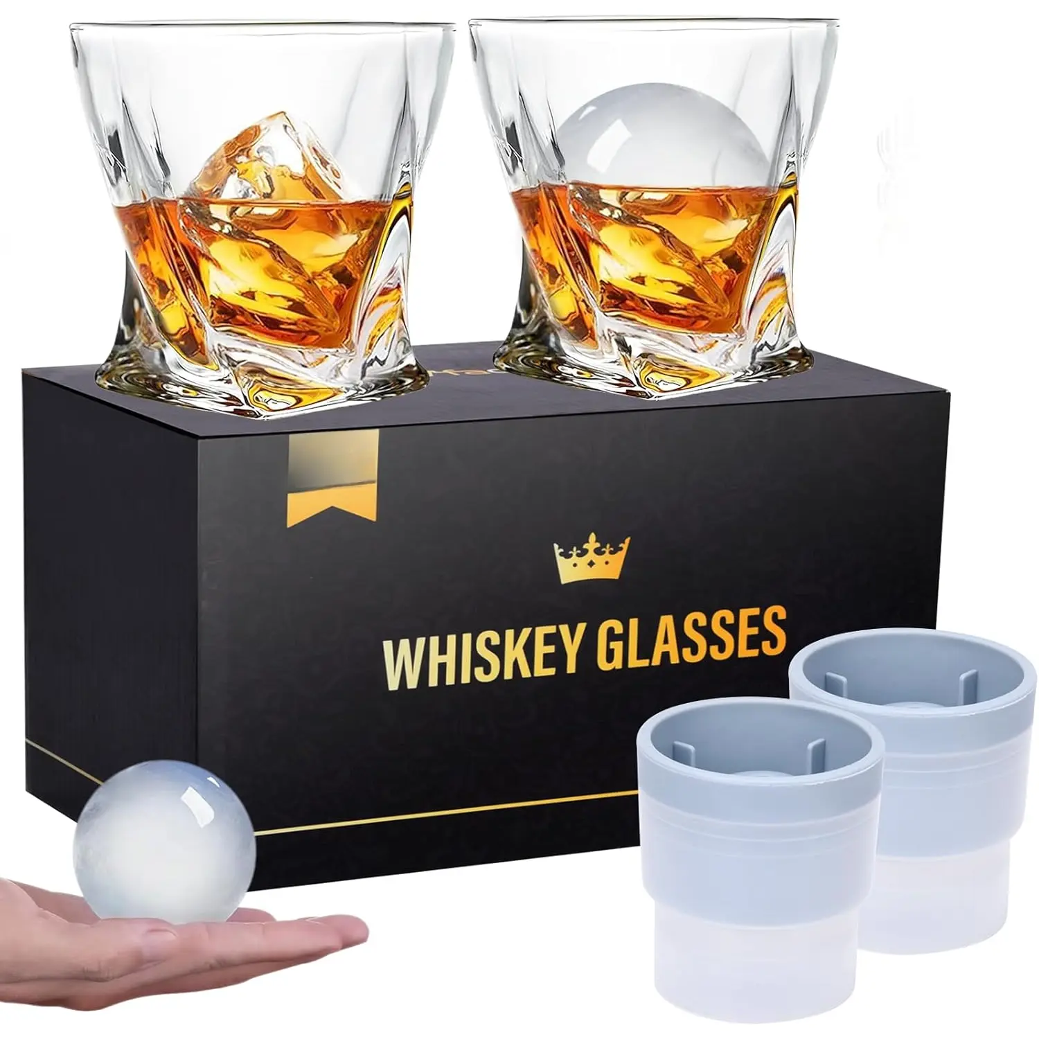 Old Fashioned Glasses Set of 4 (2 Glasses, 2 Round Big Ice Ball Molds ...