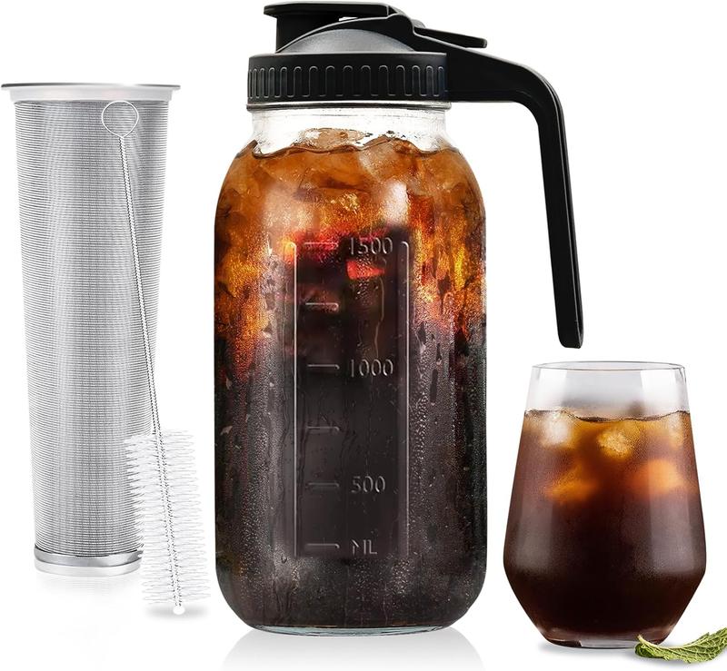 Cold Brew Coffee Maker Pitcher, 64 Oz Thick Glass Mason Jar Spout Lid ...