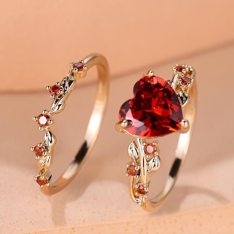 2-Piece Red/Green Zirconia Rings - Elegant Stackable Heart-Shaped ...