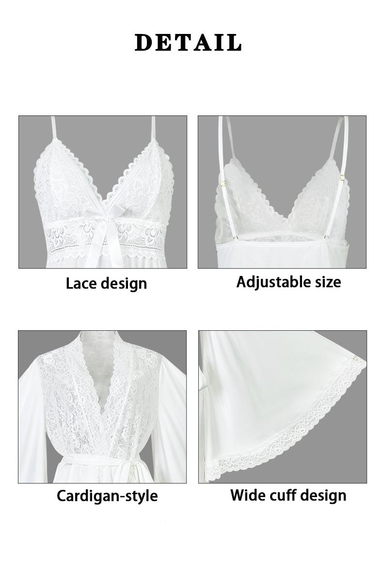 Women's Lace Trim Spaghetti Strap Nightdress & Outer Robe Set with Belt ...