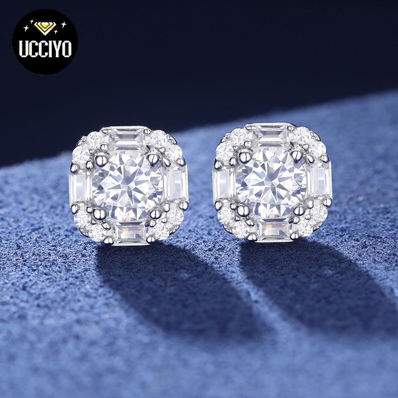【#E250】925 Sterling Silver Synthetic Moissanite Square Halo Earrings for Women Men Jewelry Gifts ...