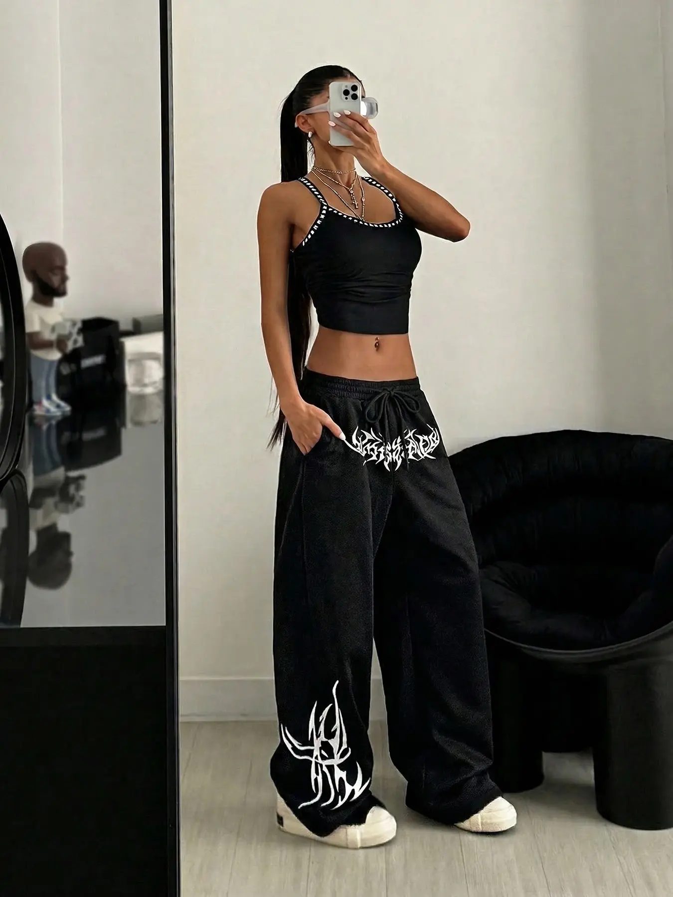 Y2K Gothic Flame Print Wide Leg Sweatpants for Women, E-girl Streetwear ...