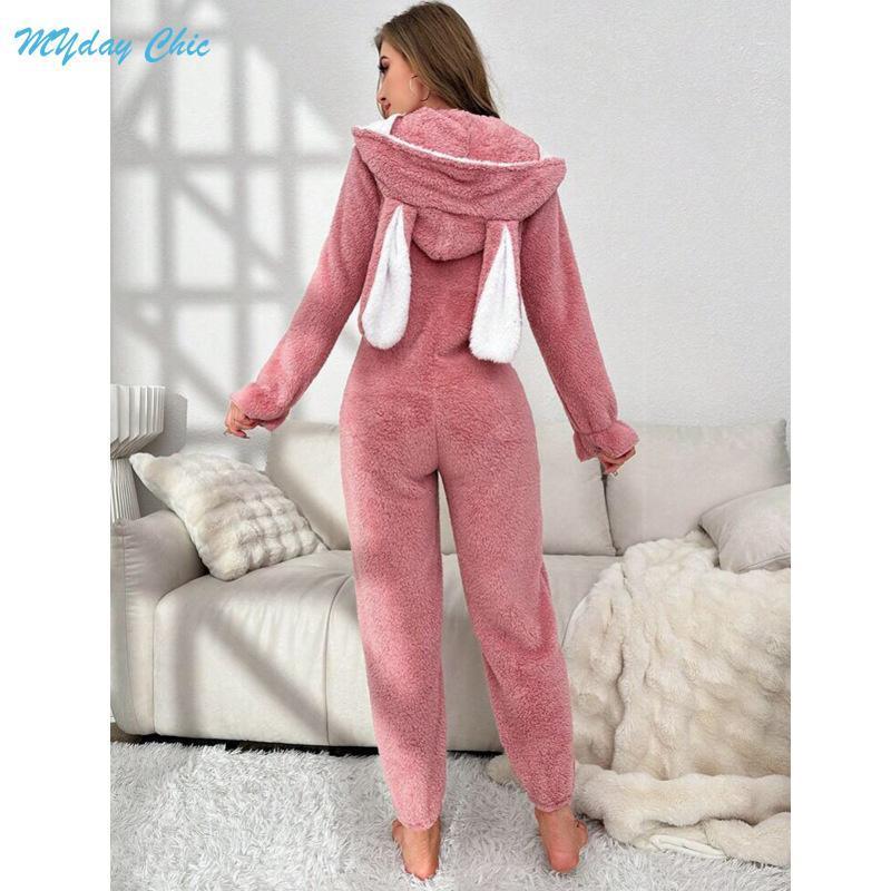 Women's Heart Pattern 3D Rabbit Ear Design Loung Hooded Onesie, Cute ...