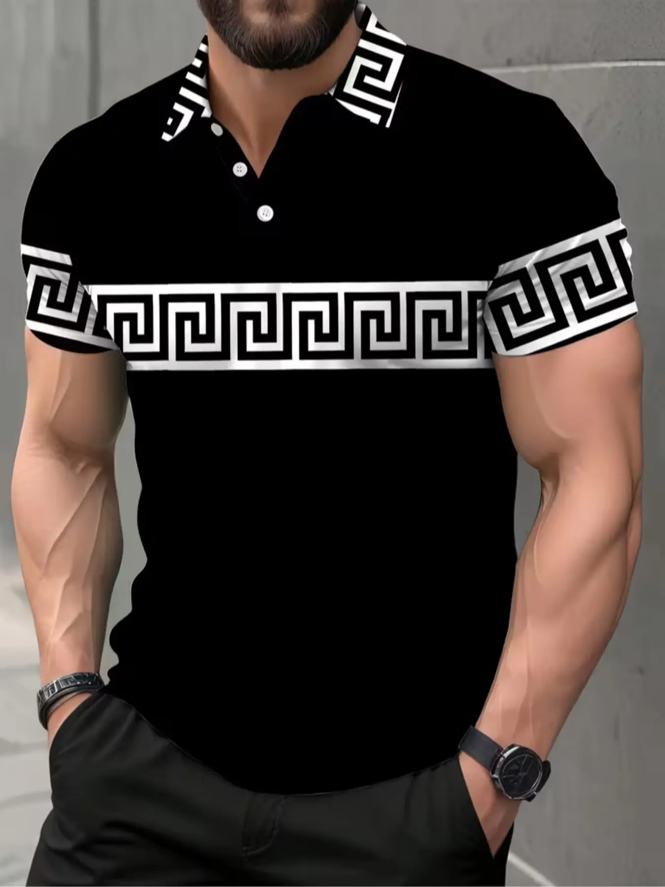 Men's Digital Print Polo Shirt Top, Casual Sports Polo, Fitted Style ...