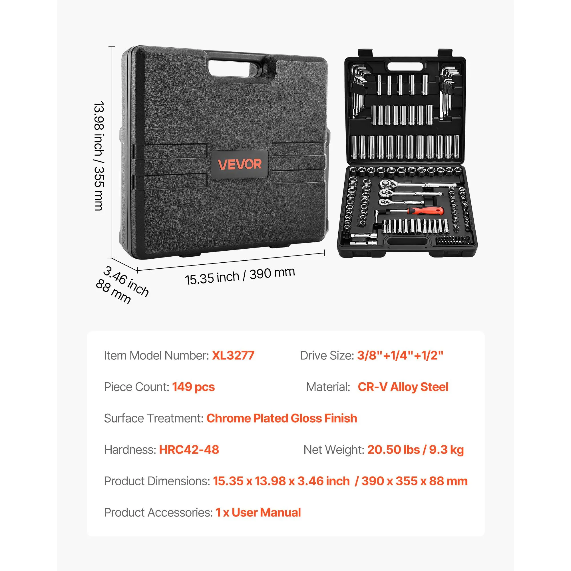 【fathersdaygift】VEVOR Socket Set, 149 Pieces, 3/8 & 1/4 & 1/2 inch ...
