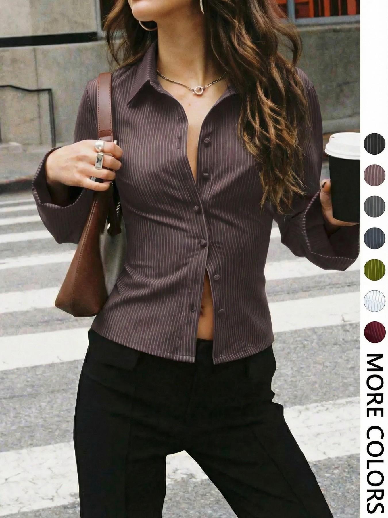 Women's Button Front Striped Slim Blouse Long Sleeve - TikTok Shop
