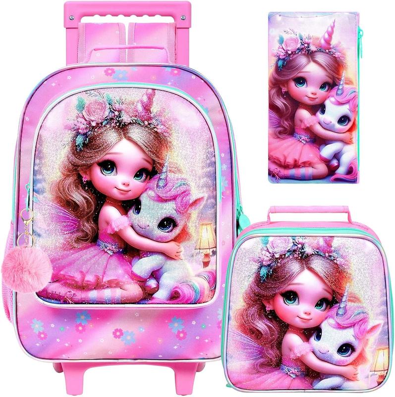 Girls Rolling Backpack, Cute Unicorn Roller Wheels Kids Bookbag ...