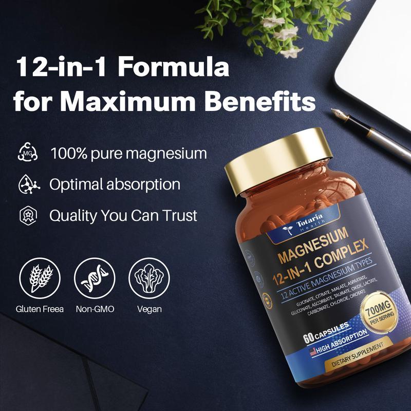 Magnesium 12-in-1 Complex 700mg Per Serving 60 Capsules High Absorption ...