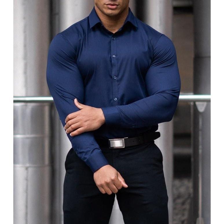Men’s Muscle Fit Dress Shirts Athletic Slim Fit Long Sleeve Stretch ...