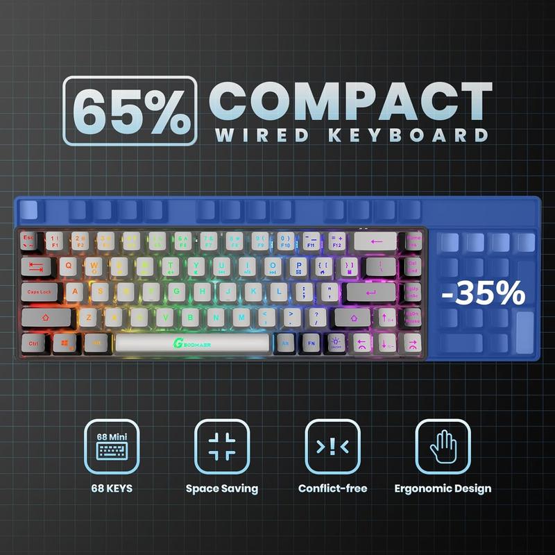65% Gaming Keyboard, Wired Backlit Mini Keyboard, Ultra-Compact Anti ...