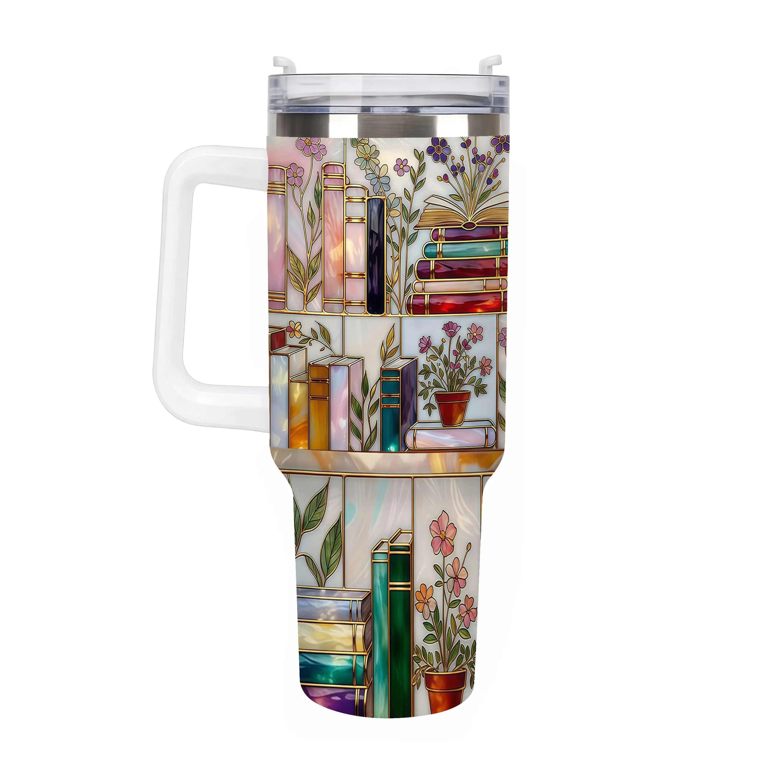 Stained-Glass Book Design 40oz Tumbler, Floral Bookshelf Tumbler, Book ...