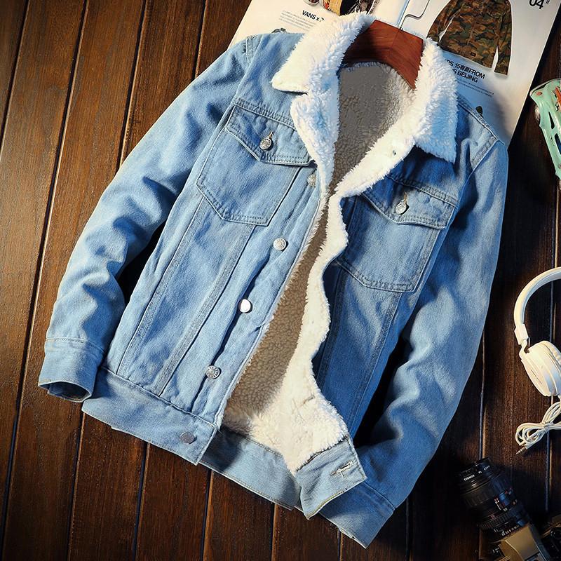 Fleece-Lined Denim Jacket for Men Thickened Warm Lamb Wool Loose Fit ...