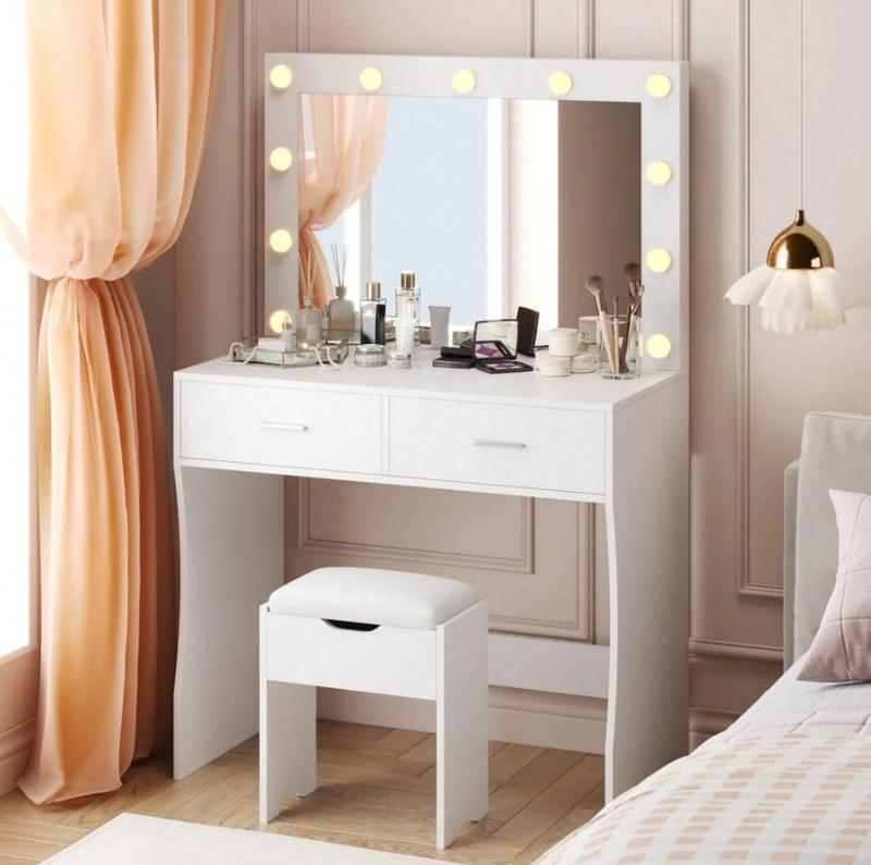 FURMAX Makeup Vanity Table Set with Lights and Mirror Vanity Desk with Drawer and Chair - TikTok ...