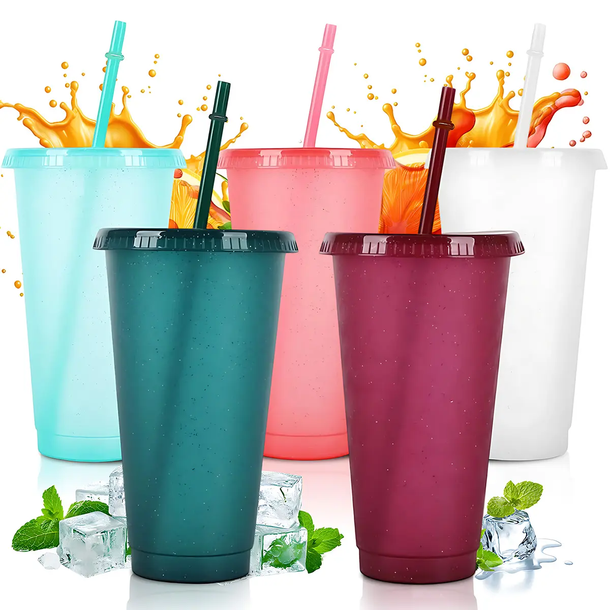 Reusable Cups Set with Lids & Straws, 24oz Glitter Design, Plastic ...