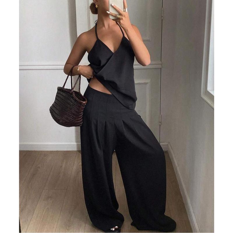 2pcs Women Solid Color Sleeveless Spaghetti Strap Top And Wide Leg ...