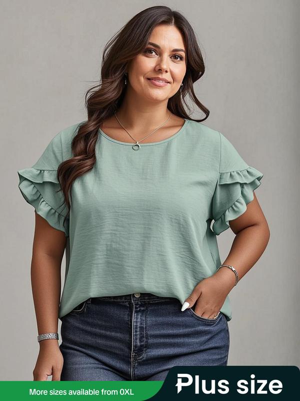 【Plus Size】 Solid Ruffle Trim Shortsleeve Petal Sleeve Blouse, Basic ...