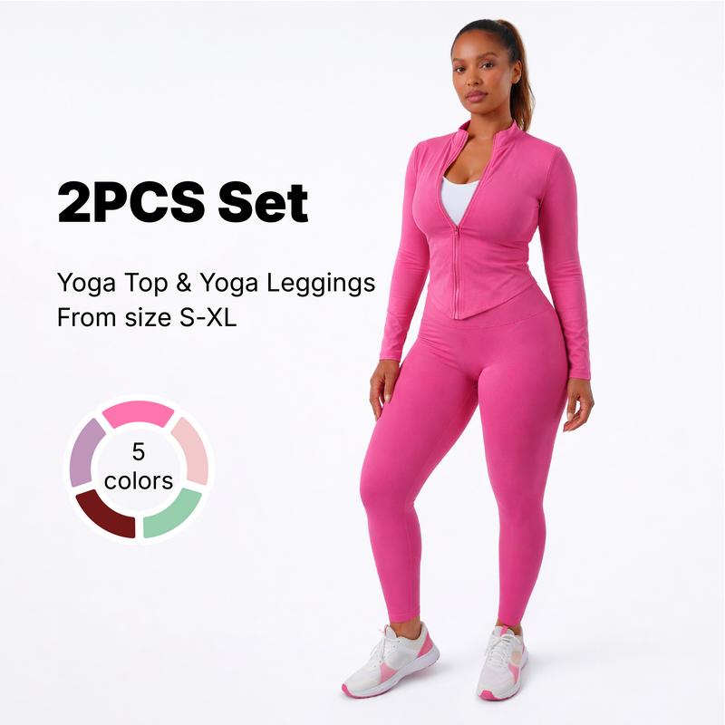 Women Yoga Set 2PCS, Zip Up Jacket & High Waist Leggings, Soft Stretch ...