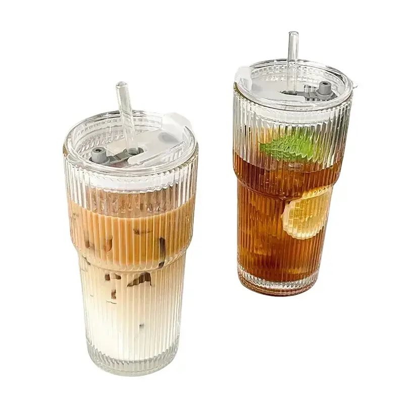 1pcs600ml Covered Striped Glass Coffee Cup and Straw Transparent Cup ...