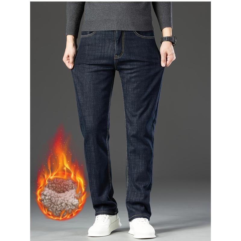 Men's Winter Warm Fleece-Lined Jeans - Thickened Elastic Straight-Leg ...