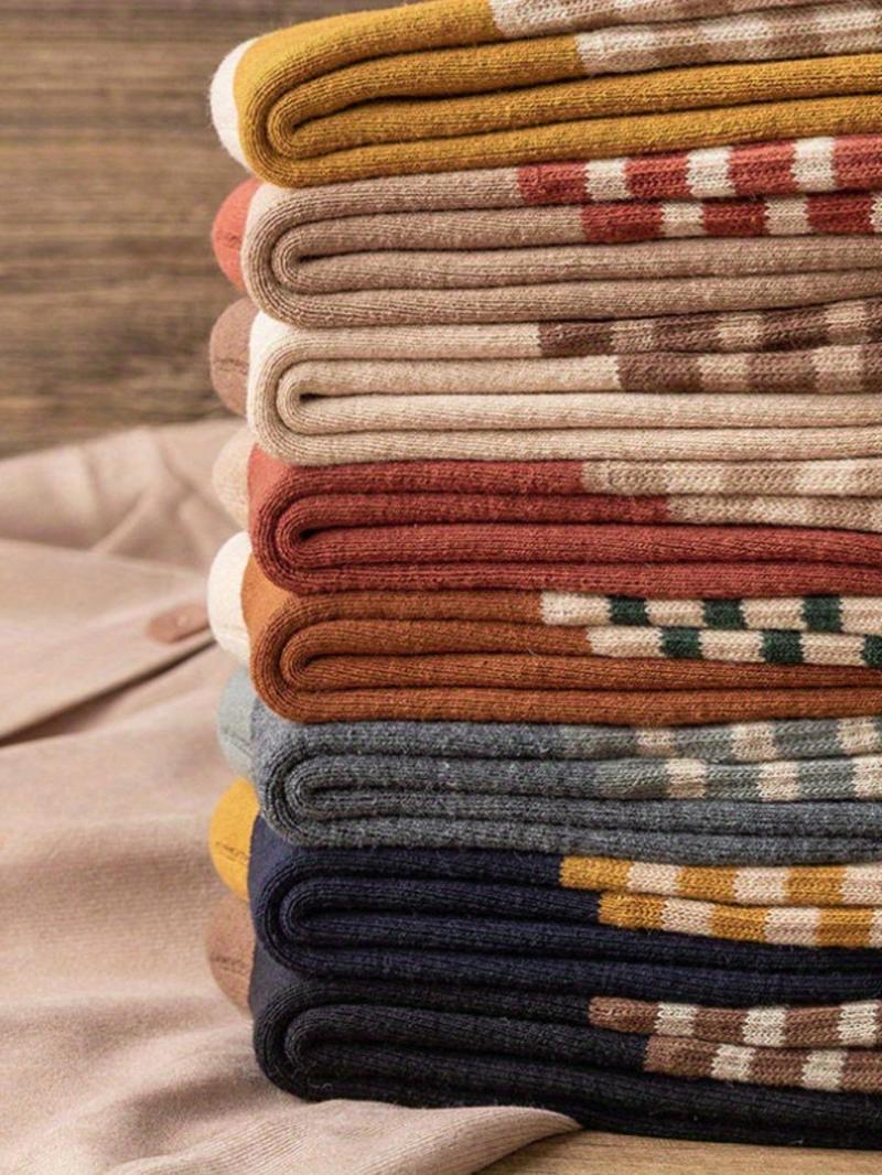 Retro Striped Color Block Crew Socks, 5 Pack, Casual Cotton Blend ...