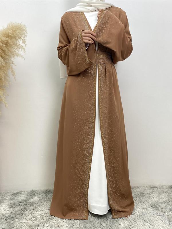 Women's Rhinestone Decor Belted Abaya, Modest Long Sleeve Open Front ...