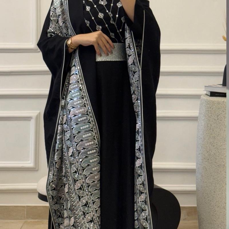 Ramadan Abaya - Elegant Black Abaya with Silver Embroidery and Matching ...